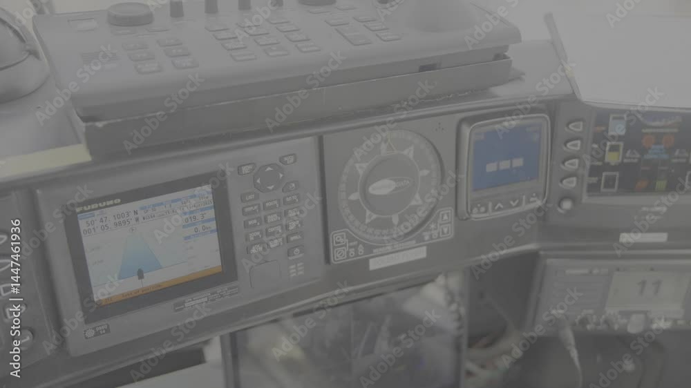 A cockpit of a plane with a large screen and a small screen. The large ...