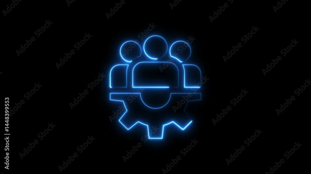 Neon blue animated teamwork and settings icon with modern tech ...