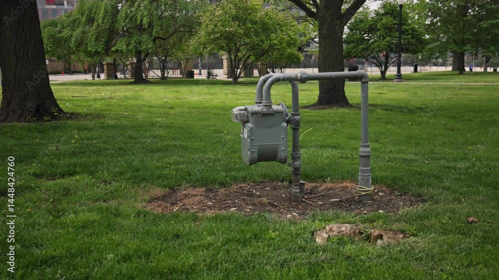 Slow motion view of outdoor water meter with pipes, metering, and ...