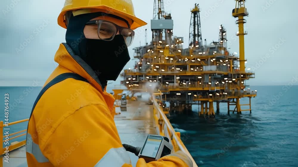 Worker monitors oil rig operations from platform during cloudy weather ...