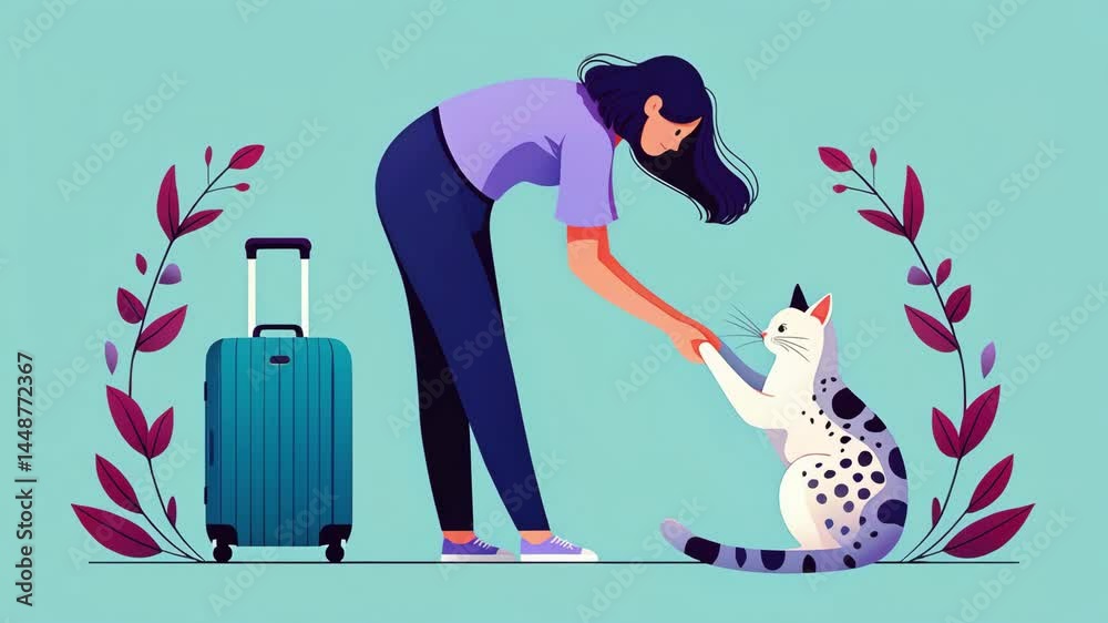 Illustration of woman saying goodbye to cat with suitcase beside her ...