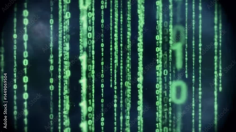 Looping animation of falling binary code in a digital rain effect, inspired by Matrix-style ...