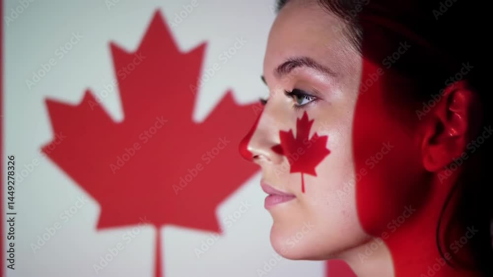 Woman face profile with projected Canadian flag and maple leaf symbol ...