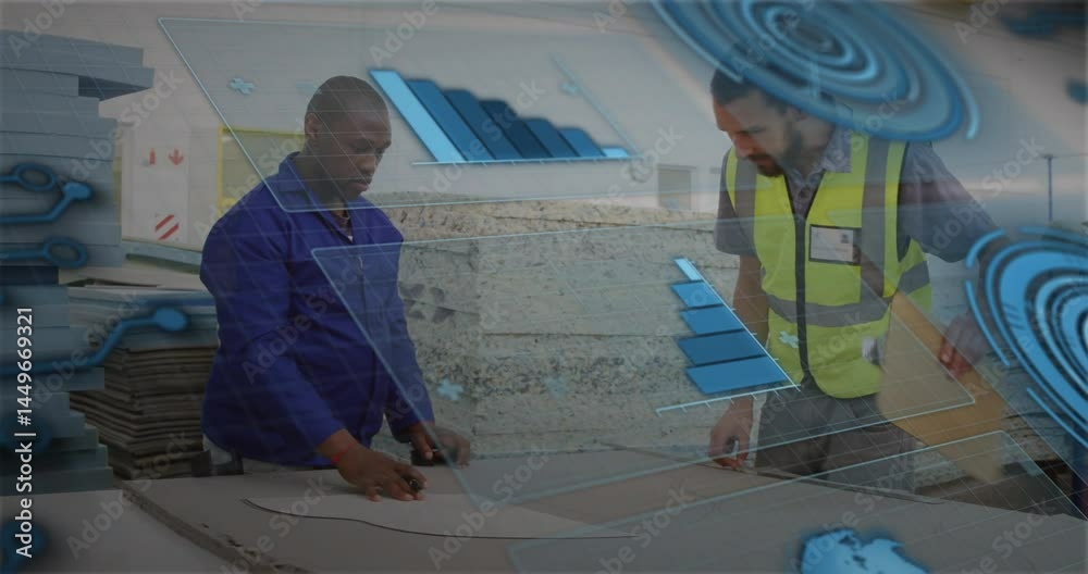 two workshop workers leaning over sheets marking cut lines in factory ...
