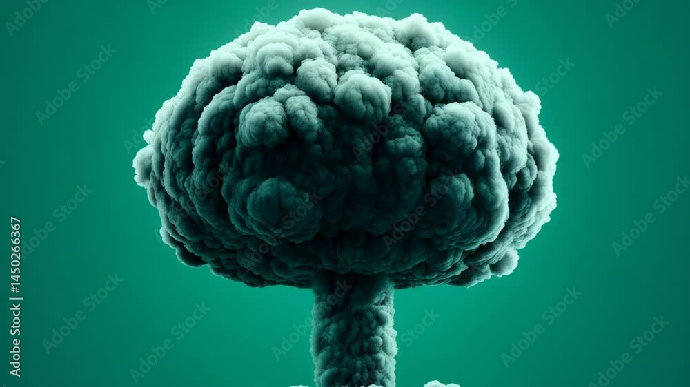 Monochrome nuclear explosion on a teal background with billowing clouds ...