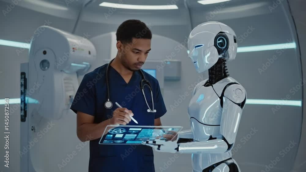 Futuristic hospital room, doctor modern humanoid robot assistant, large ...