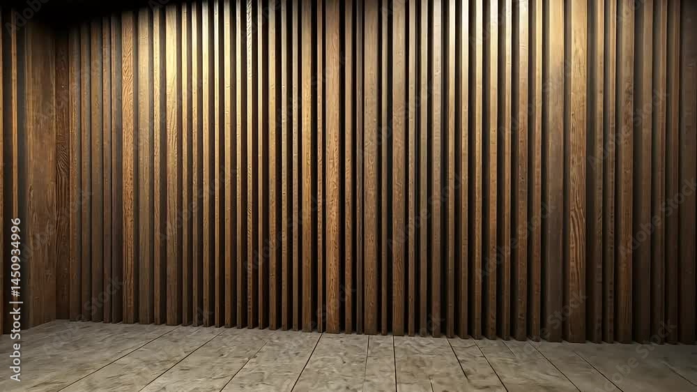 Empty room with vertical wooden slatted wall and stone floor Stock ...