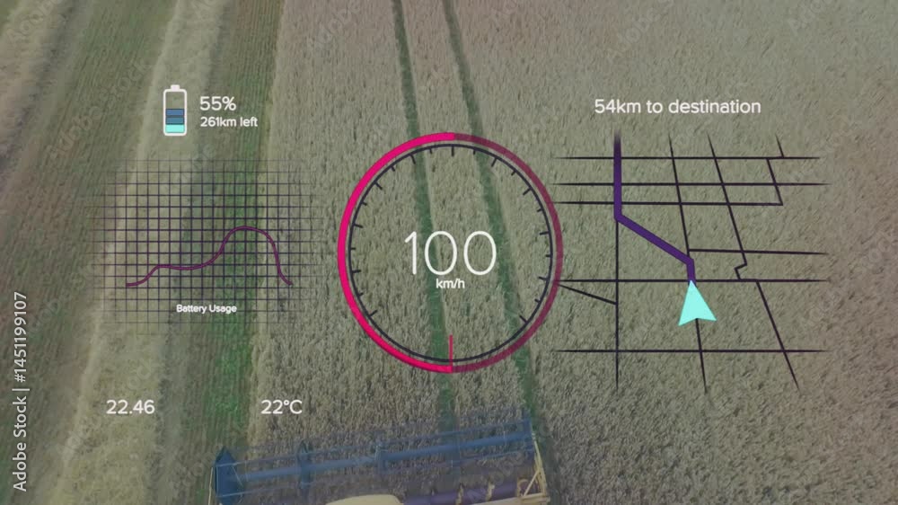 AR overlay dashboard being displayed over aerial wheat field, showing ...