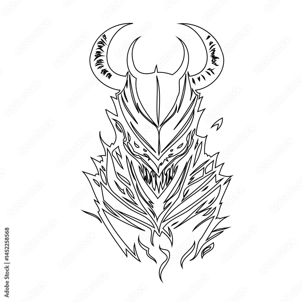 Poster Intricate line art illustration of horned demon-like character ...