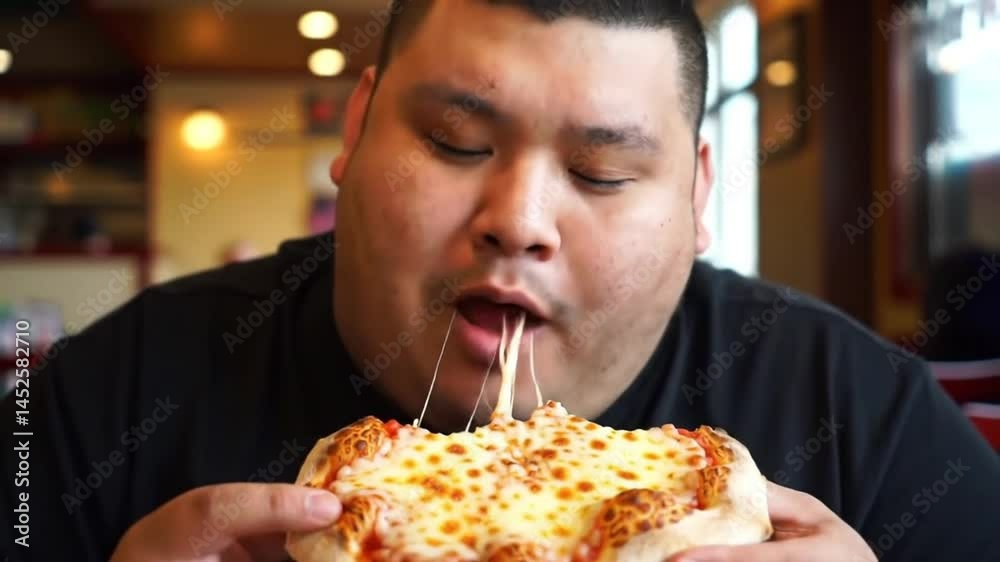 Man Enjoying a Cheesy Pizza Slice with Stringy Mozzarella in a ...