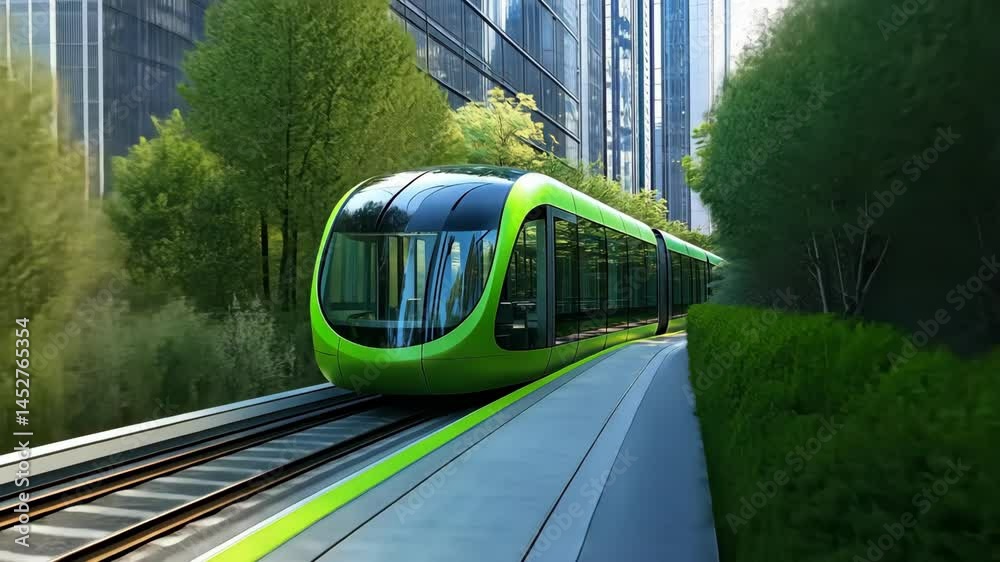 Eco-friendly green train in urban setting Stock Video | Adobe Stock