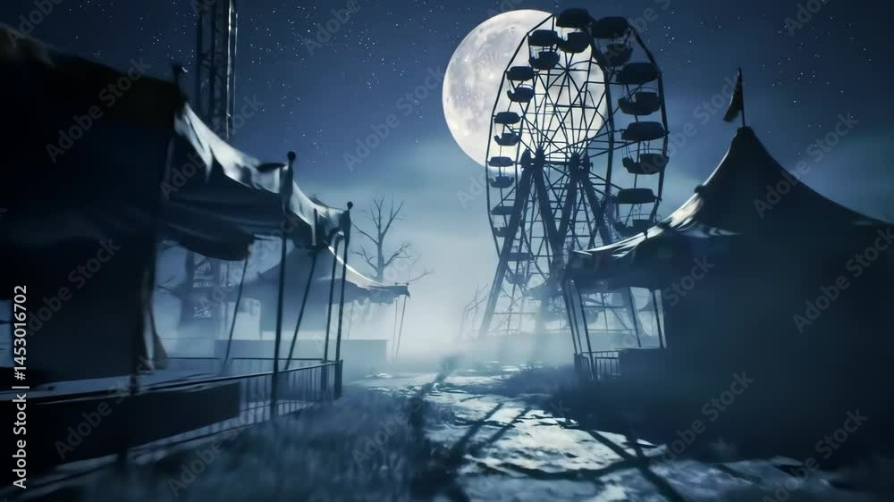 Abandoned Carnival under Full Moon with Eerie Fog Tents, Faded Rides ...