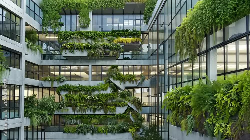 Modern building with vertical gardens and atrium. Stock ビデオ | Adobe Stock