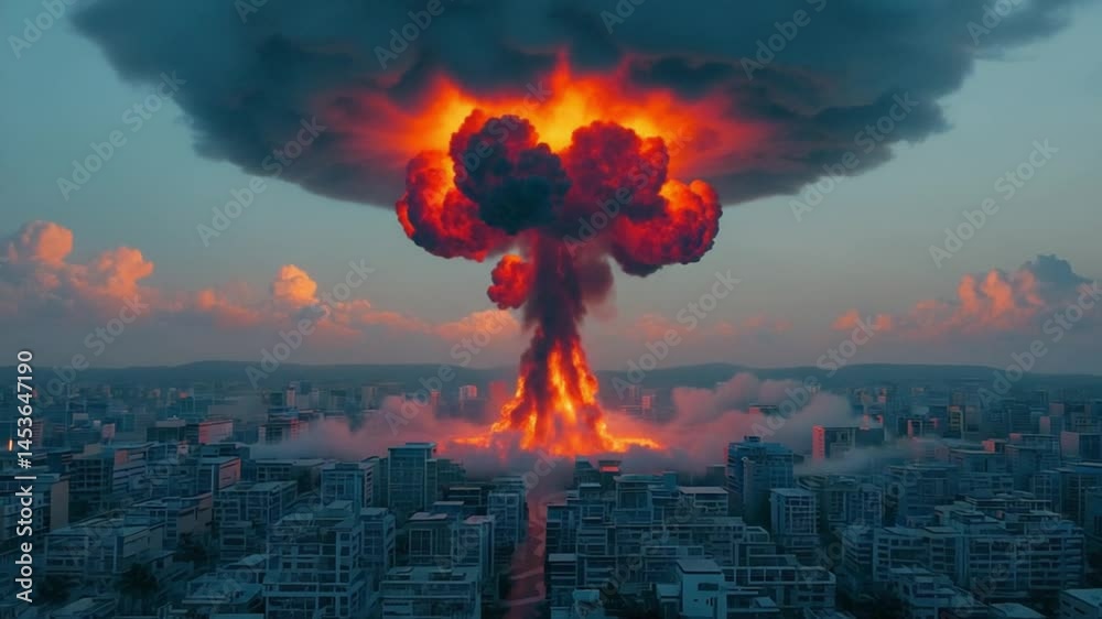 Powerful dramatic nuclear explosion with massive mushroom cloud ...