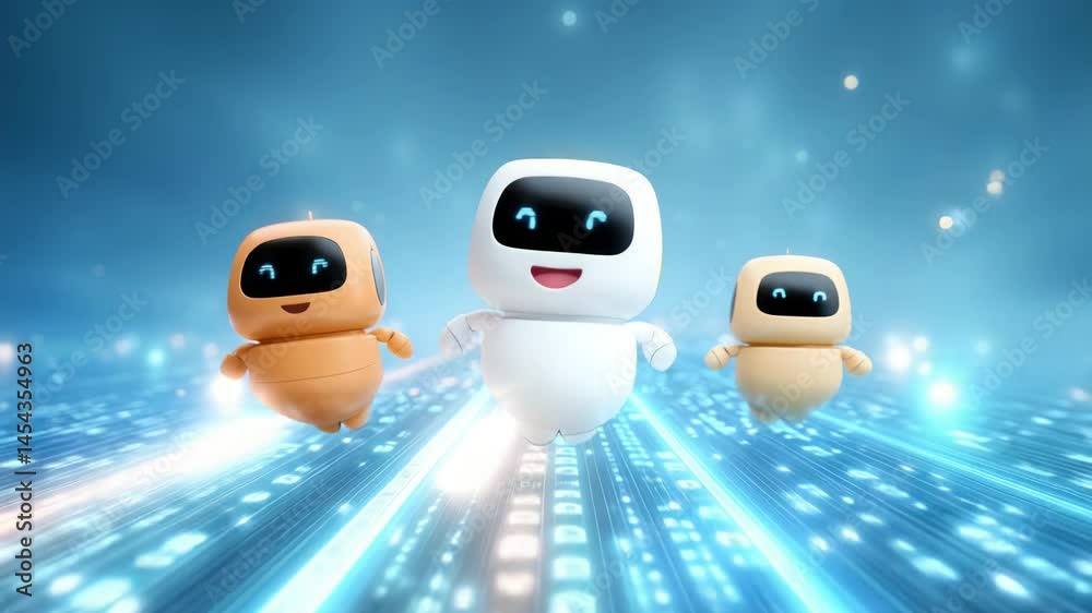 Smiling AI Mascots Floating in Digital Data Stream, Joyful AI Mascots ...