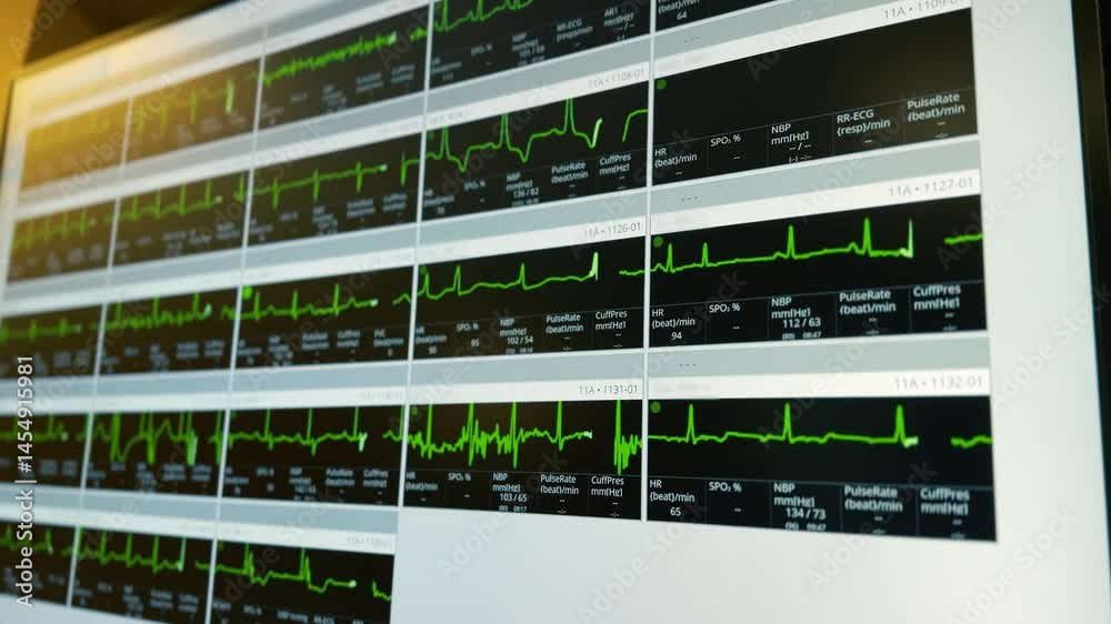 Close-up of multiple hospital EKG monitor readouts showing heart rate ...