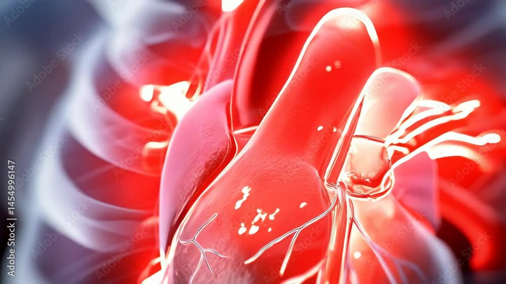 Human heart with aorta and coronary artery in chest, showing blood flow ...