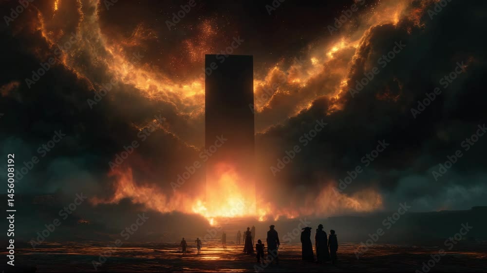 Gigantic monolith rises amid fire and stormy skies. Silhouettes of ...
