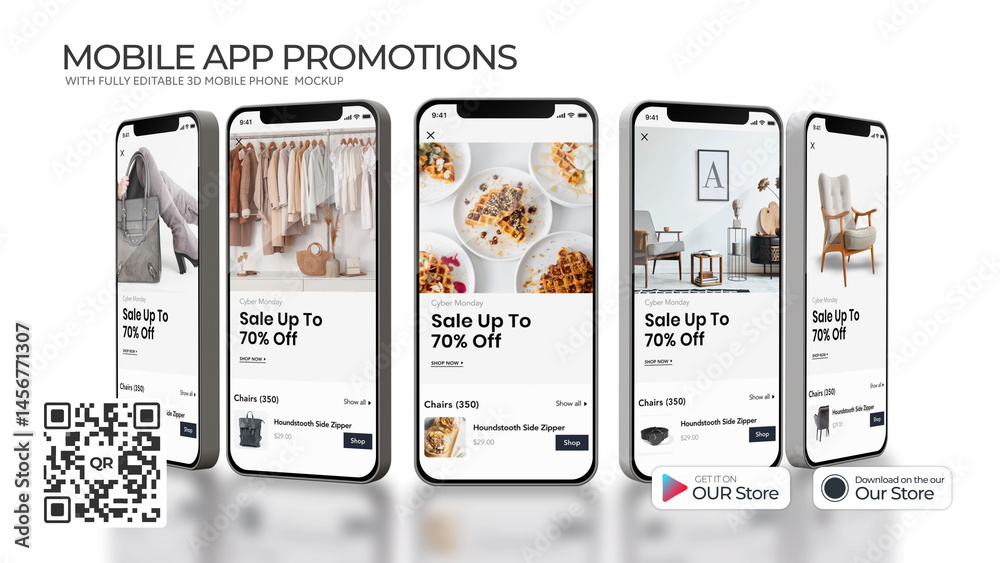 3D Mobile Phones Carousel for Mobile App Promo Stock Template | Adobe Stock
