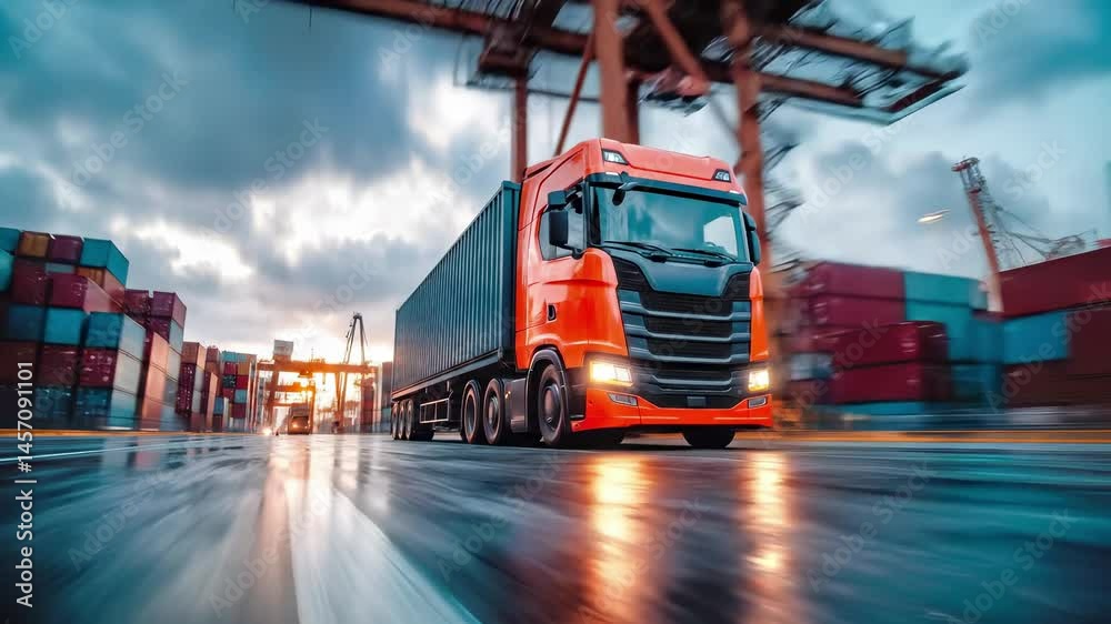 Orange freight truck carrying blue shipping container speeds through ...