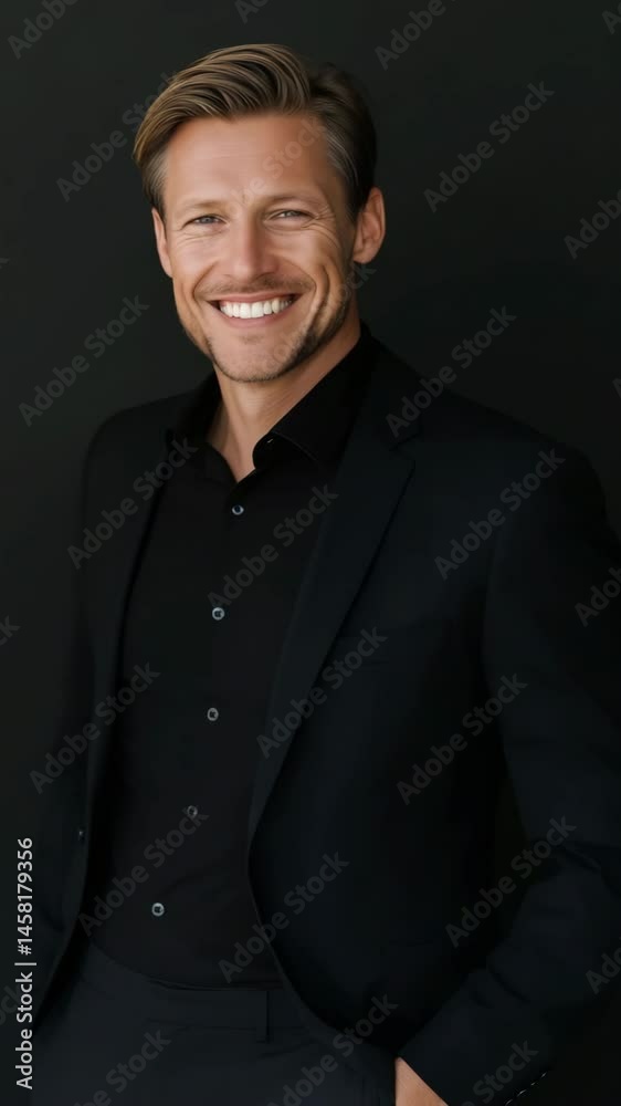 A man in a black suit and tie poses for a photo. Concept of ...