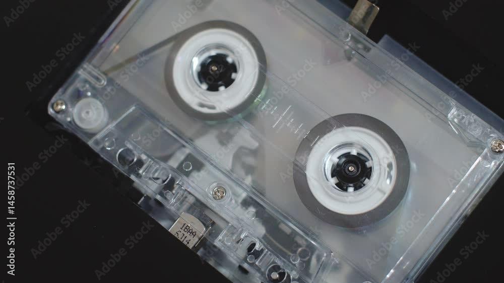 Close-up of a transparent audio cassette spinning inside a tape player ...