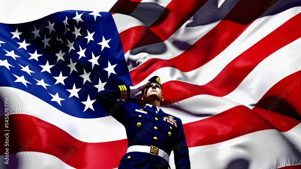 Soldier wearing military uniform standing proudly, saluting waving ...