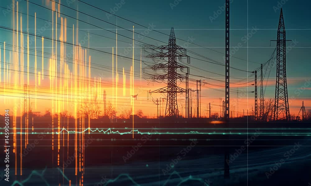 A digital display showing the stock market chart with an electric power ...