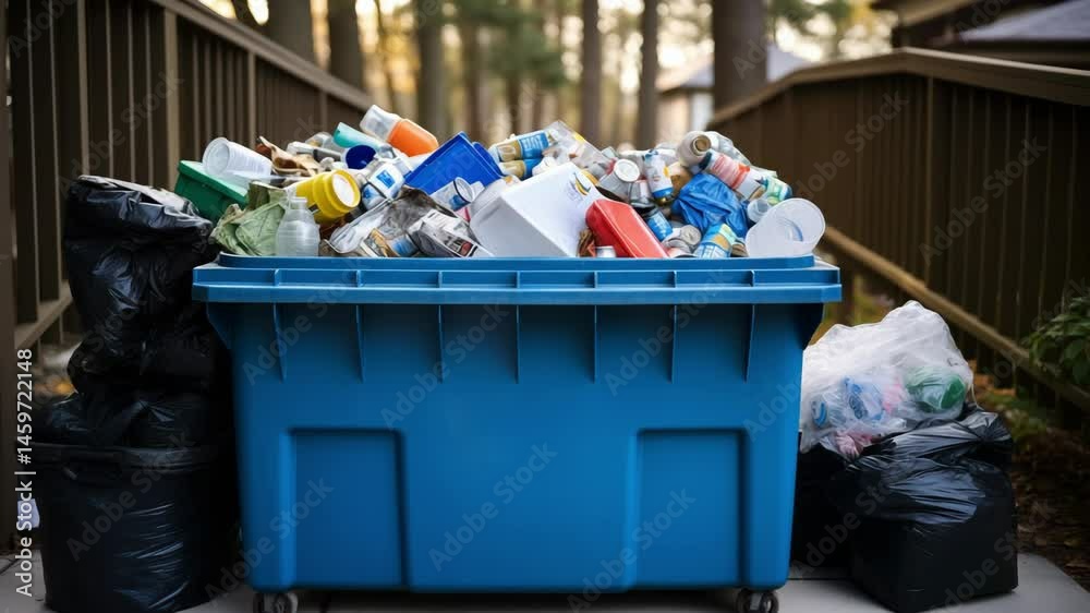 Overflowing blue dumpster bin full of garbage and waste materials ...