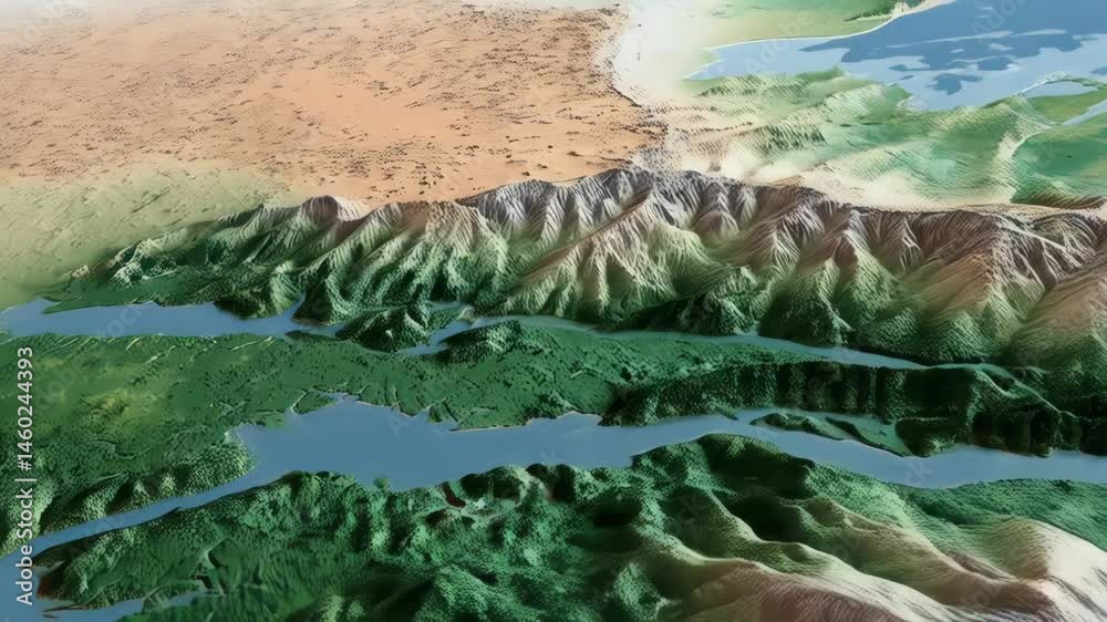 Aerial view simulation showcases varied terrain with mountains, valleys ...