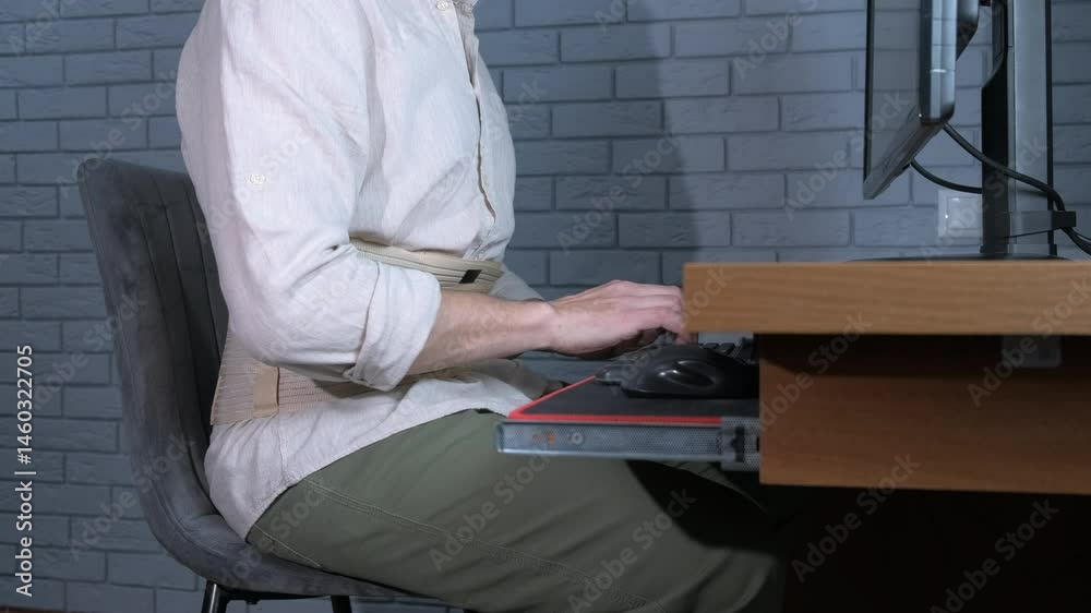 Freelancer with muscle tension by notebook. A view of man with back ...