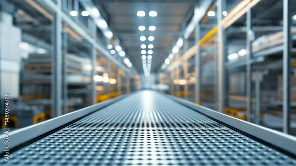 Automated conveyor system in clean high-tech warehouse with rows of ...