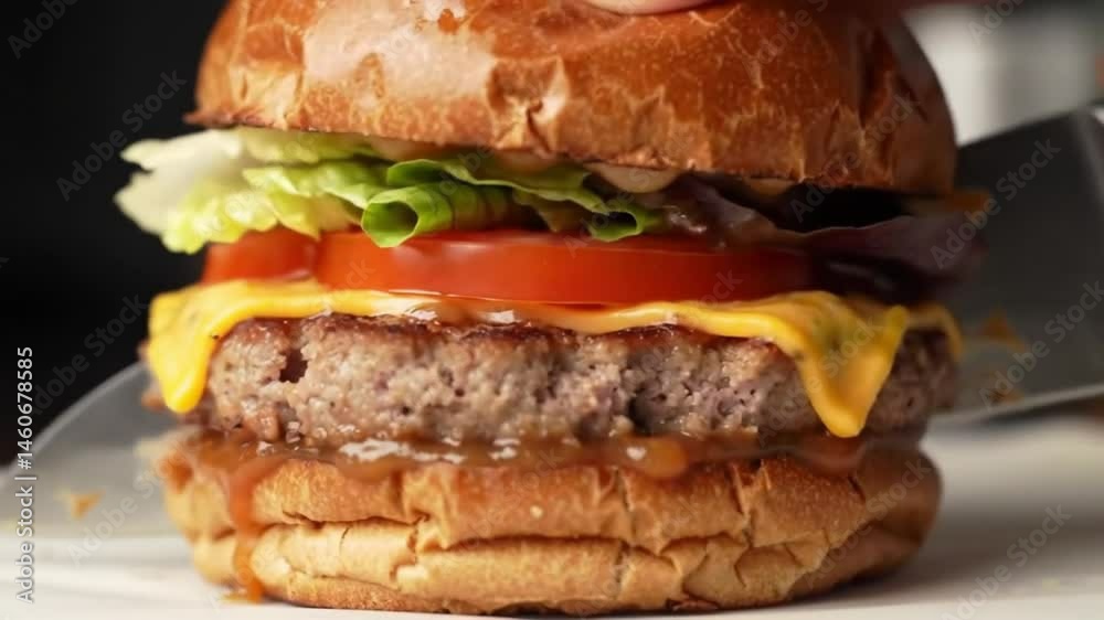 Footage of a gourmet burger being stacked layer by layer – bun, lettuce ...