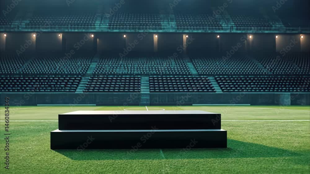 Podium positioned on soccer field in empty stadium ready for awards ...