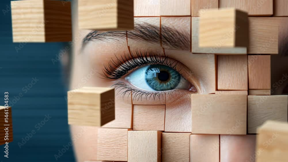 human eye among floating wooden cubes. Concept of perception ...