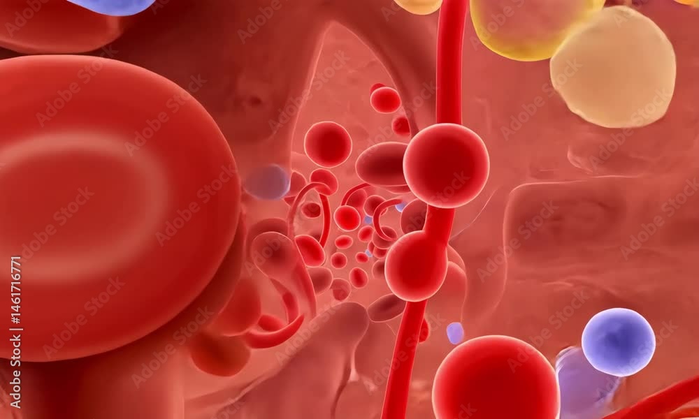 3D close-up view of red blood cells, white blood cells, and other blood ...