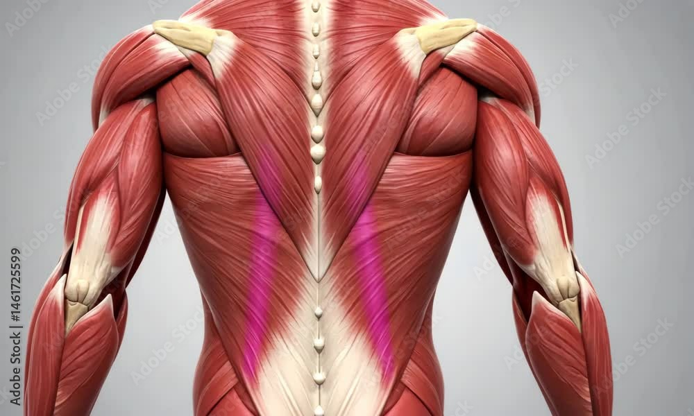 3D Anatomical Illustration Of The Human Back Muscles Showing Detailed 3D Anatomical Illustration Of The Human Back Muscles Showing Detailed