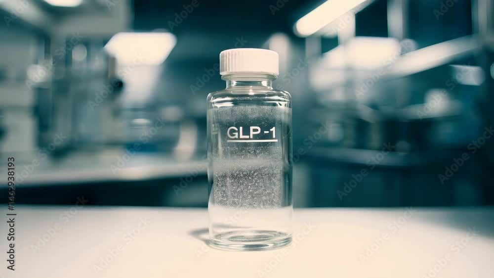 Transparent GLP-1 labeled vial on sterile white counter in high-tech ...