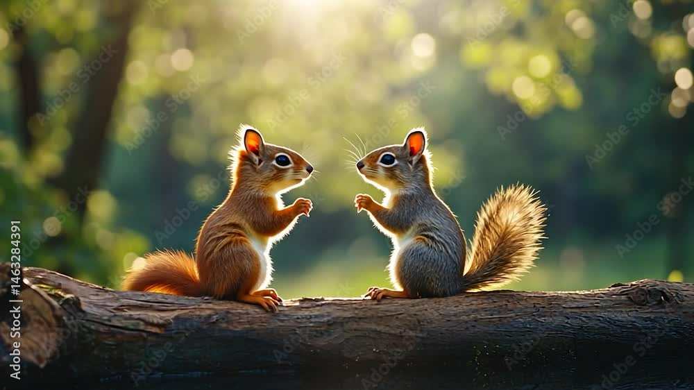 Two squirrels face each other on a log, bathed in sunlight Stock Video ...