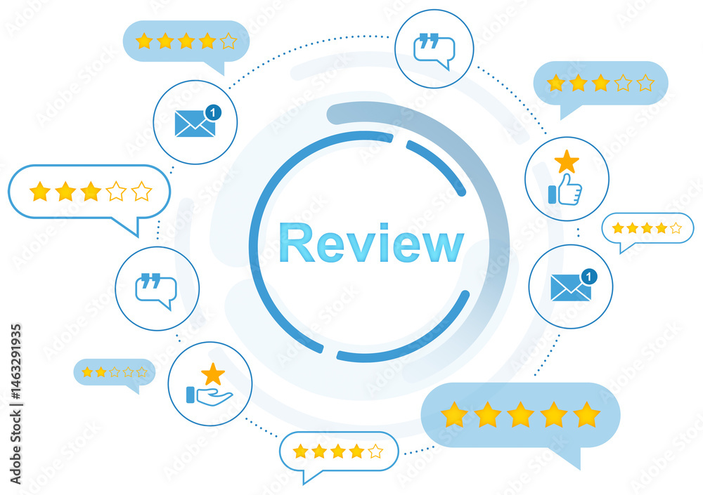 Customer review concept with various star ratings, feedback symbols ...