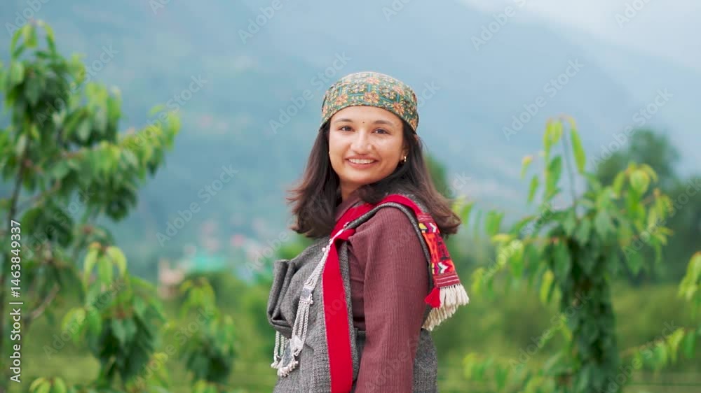 Portrait of Indian tribal woman standing in mountains. Himachali woman ...