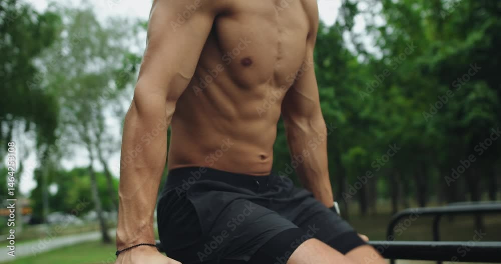 Closeup on male with shirtless torso and perfect abdominal muscles at ...