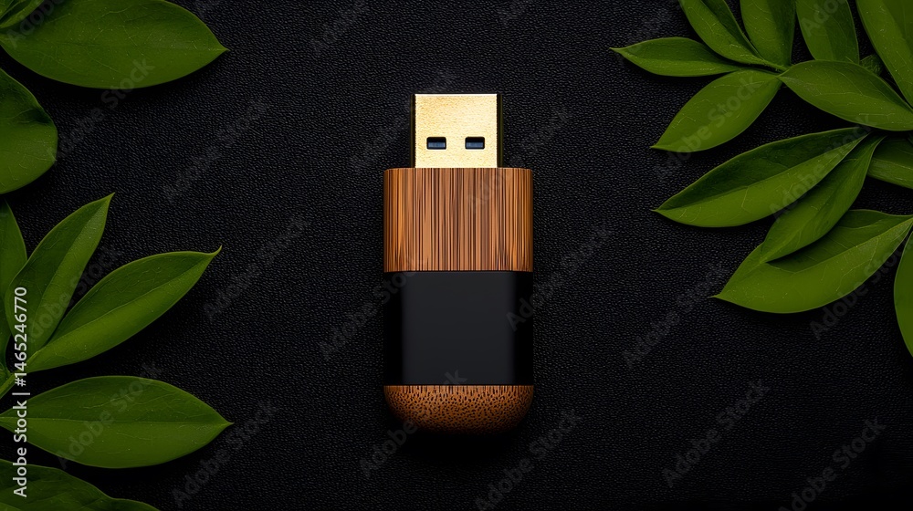Wooden USB Drive and Charging Station with Green Leaves Stock Photo ...