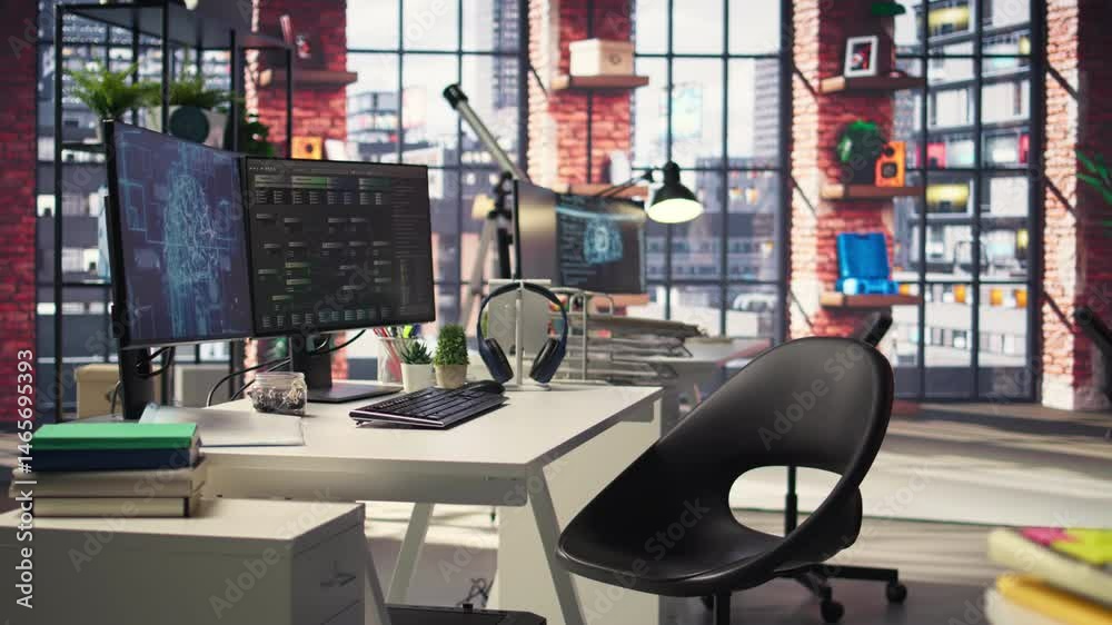 Modern desktop setup in an IT agency shows a visual coding interface ...