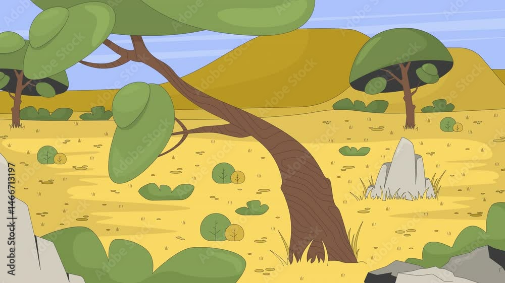 African savanna landscape with trees and bushes 2D cartoon animation ...