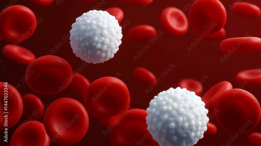 Multiplying white blood cells navigating through dense red blood cell ...