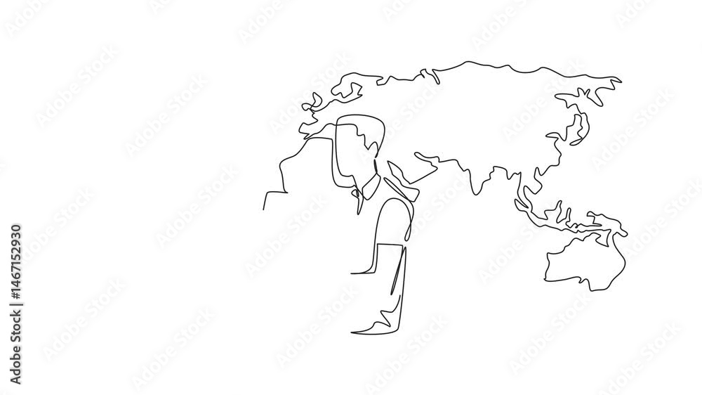 Animation of one line drawing man carrying package with world map ...