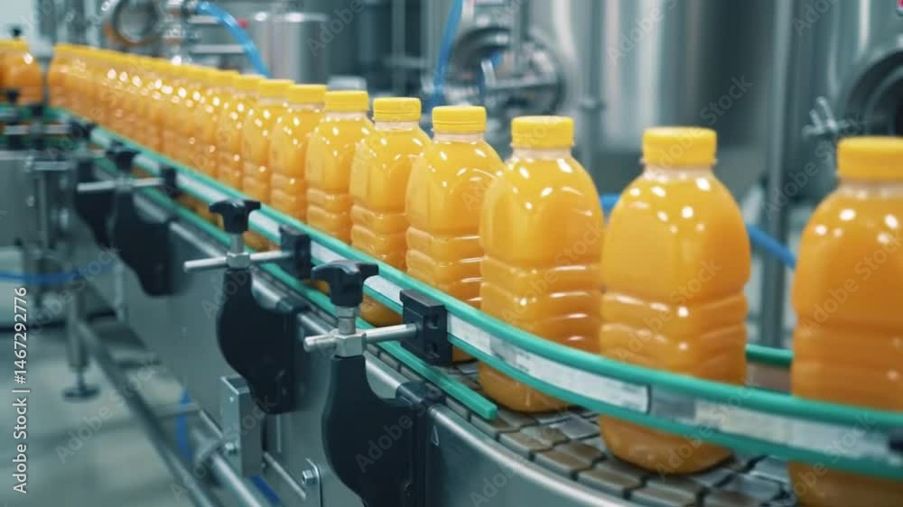 Bottles of Fresh Orange Juice Moving on a Conveyor Belt in a ...