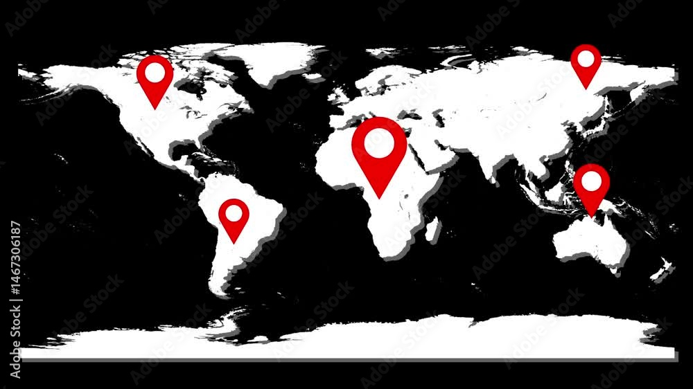 World map travel route location animation on green background, world ...