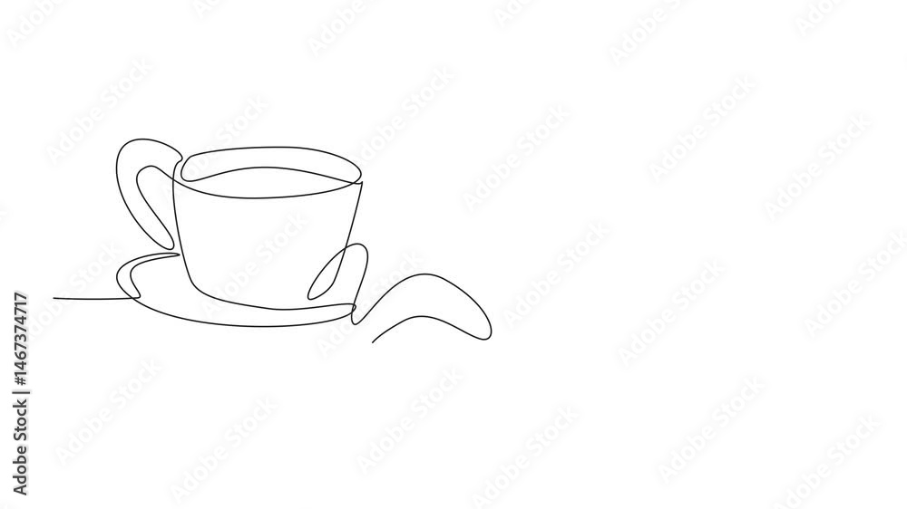Animation of continuous one line drawing croissant with coffee cup ...